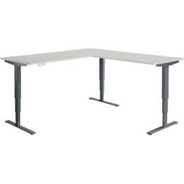 Sch&auml;fer Shop Winkelschreibtisch AERO FLEX, elektrisch h&ouml;henverstellbar, 90&deg; Winkel, T-Fu&szlig;, B 2000 x T 2000 mm, lichtgrau/anthrazit + Memorypanel
