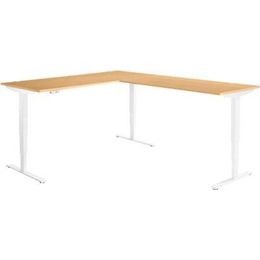 Sch&auml;fer Shop Winkelschreibtisch AERO FLEX, elektrisch h&ouml;henverstellbar, 90&deg; Winkel, T-Fu&szlig;, B 2000 x T 2400 mm, Buche/wei&szlig; + Memorypanel