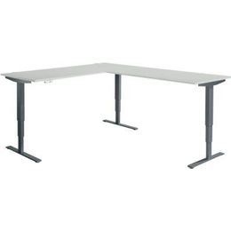 Sch&auml;fer Shop Winkelschreibtisch AERO FLEX, elektrisch h&ouml;henverstellbar, 90&deg; Winkel, T-Fu&szlig;, B 2000 x T 2400 mm, lichtgrau/anthrazit + Memorypanel