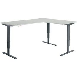 Sch&auml;fer Shop Winkelschreibtisch AERO FLEX, elektrisch h&ouml;henverstellbar, 90&deg; Winkel, T-Fu&szlig;, B 2000 x T 1600 mm, lichtgrau/anthrazit + Memorypanel