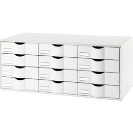 Schubladenbox PAPERFLOW, Format A4, 12 Sch&uuml;be mit geschlossener Front, Griffmulde & Etikettenhalter, Etiketten, B 857 x T 342 x H 350 mm, PS, wei&szlig;