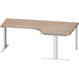 Sch&auml;fer Shop Sch&auml;fer Shop Genius Winkelschreibtisch MODENA FLEX, 90&deg; Winkel rechts, T-Fu&szlig; Rechteckrohr, B 2000 x T 1200/800 x H 650-850 mm, Eiche/wei&szlig;alu
