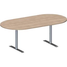 Sch&auml;fer Shop Sch&auml;fer Shop Genius Konferenztisch MODENA FLEX, Oval, T-Fu&szlig; Rundrohr, B 2000 x T 1000 x H 650-850 mm, Eiche-Dekor/wei&szlig;aluminium RAL 9006