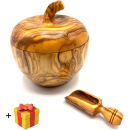 Zuckerdose "Dose wie Apfel aus Olivenholz mit kleinem Salzschippchen", braun, OLIVENHOLZ-ERLEBEN, Lebensmittelaufbewahrungsbeh&auml;lter, toller Blickfang