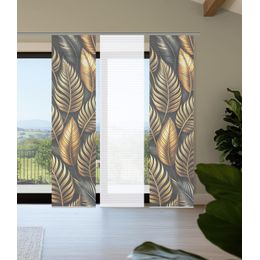 Schiebegardine HOME IN GREEN, B:60cm H:245cm, gold, Polyester, Wohnzimmer, Gardinen, "ZEDRIC", Bambusoptik, SET, recycelt, Digitaldruck