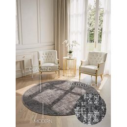 Teppich ELLE DECORATION, H:5mm &Oslash;:160cm, grau, Baumwolle, Polyester, Wohnzimmer, Teppiche, "Prisma", Glanz-Effekt, Karo Design, Kachel-Optik,