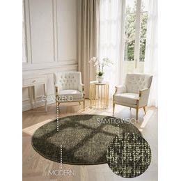 Teppich ELLE DECORATION, H:5mm &Oslash;:160cm, gr&uuml;n, Baumwolle, Polyester, Wohnzimmer, Teppiche, "Prisma", Glanz-Effekt, Karo Design, Kachel-Optik,