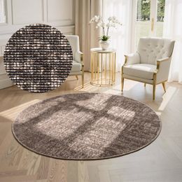 Teppich ELLE DECORATION, H:5mm &Oslash;:160cmbeige, Baumwolle, Polyester, Wohnzimmer, Teppiche, "Prisma", Glanz-Effekt, Karo Design, Kachel-Optik,