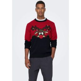 Only & Sons ONLY & SONS Damen Weihnachtspullover, rot, Gr. S, bedruckt, mehrfarbig, Web, Obermaterial: 100% Polyacryl, Pullover, mit Bündchen an Ärmel und Saum