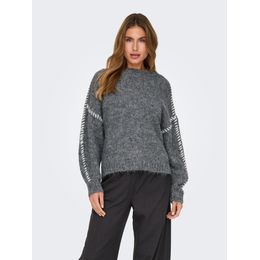 Jacqueline de Yong JDY Damen Rundhalspullover "JDYZOEY LIFE L/S ON STITCH PULL KNT NOOS"dunkelgrau melange detail:with birch stitch, Gr. XS, unifarben mit Farbeinsatz,