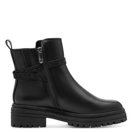Marco Tozzi Damen Stiefelette, Gr. 41, schwarz, Lederimitat, Textil, Schuhe, Blockabsatz, Bikerboots, Zierschnalle mit Strasssteinen besetzt
