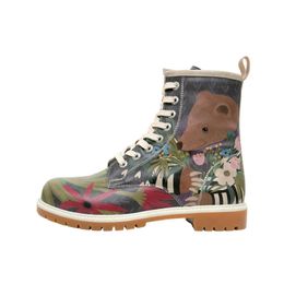 DOGO Damen Schn&uuml;rboots "Long Boots Schn&uuml;rstiefel Bear And Flowers Damen Stiefeletten", Gr. 40, beige, Lederimitat, Schuhe, Handgefertigt