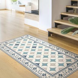 Bilderwelten Teppich Geometrische Fliesen Kreisbl&uuml;ten Dunkelblau mit Bord&uuml;re - Webteppich Gewebeteppich waschbar - Schlafzimmer Wohnzimmer Esszimmer K&uuml;che