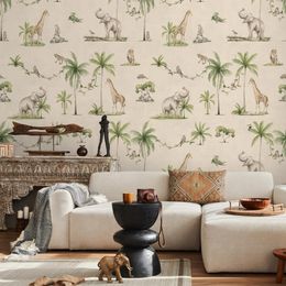Bilderwelten Fototapete Dschungel mit Elefant und Giraffe Muster Beige