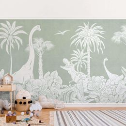 Bilderwelten Fototapete Dinosaurier im Palmendschungel Gr&uuml;n