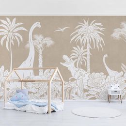 Bilderwelten Fototapete Dinosaurier im Palmendschungel Beige
