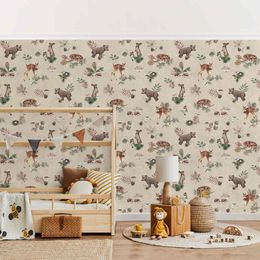 Bilderwelten Fototapete Waldtierbabys Muster Beige