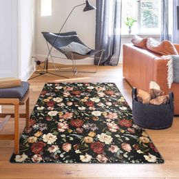 Bilderwelten Teppich Blumen Aquarell Vintage Muster auf Schwarz -Webteppich Gewebeteppich waschbar - Schlafzimmer Wohnzimmer Esszimmer K&uuml;che