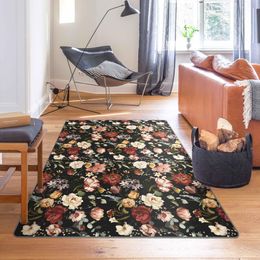 Bilderwelten Teppich Blumen Aquarell Vintage Muster auf Schwarz -Webteppich Gewebeteppich waschbar - Schlafzimmer Wohnzimmer Esszimmer K&uuml;che