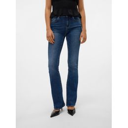 Véro Moda Bootcut-Jeans VERO MODA "VMFLASH MR FLARED JEANS LI3110 GA NOOS", Damen, Gr. XS (34), Länge 32, blau (dunkelblau denim), Denim/Jeans, Obermaterial: 89% Baumwolle, 9% Elastomultiester, 2% Elasthan, unifarben, skinny fit lang, Jeans