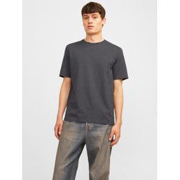 Jack & Jones Rundhalsshirt JACK & JONES "JJEORGANIC MELANGE TEE SS O-NECK NOOS", Herren, Gr. L, grau (dunkelgrau melange), Jersey, Obermaterial: 60% Baumwolle, 40% Polyester, meliert, slim fit taillenbedeckt, Rundhals, gerader Abschluss, Shirts Rundhalsshirt, in Melange Optik