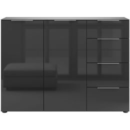 Kommode MANJANA M&Ouml;BEL "Kommode mit Chrom oder Schwarz matten Metallgriffen", anthrazit matt, glas anthrazit, metall chrom, B:135cm H:98,7cm T:40cm, Glas, Metall, Sicherheitsglas ESG, Spanplatte, Sideboards, Kommode
