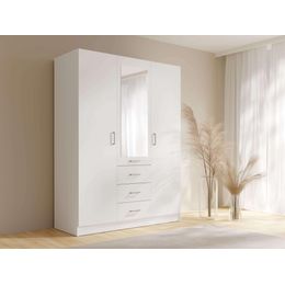 Kleiderschrank Home Affaire "KOS Garderobe mit 3 Schubladen, Kleiderstange, 4 Einlegeböden, Spiegel", weiß, B:150,5cm H:200,5cm T:58cm, Melamin, Schränke, Wäscheschrank mit 3 Drehtüren, silber Griffen, Maße B/H/T 150/200/58cm