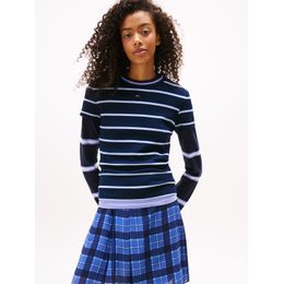 Kurzarmshirt Tommy Jeans "TJW SLIM ESSENTIAL RIB SS EXT", Damen, Gr. L (40), blau (schwarz night navy, stripe), Single Jersey, Obermaterial: 95% Baumwolle, 5% Elasthan, gestreift, slim fit kurz, Rundhals, abgesteppt, Shirts, mit gerippter Struktur