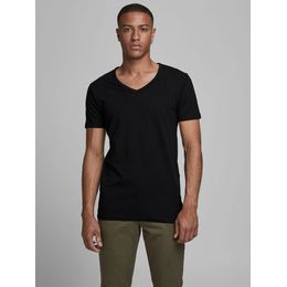 Jack & Jones T-Shirt JACK & JONES "SLIM- FIT BASIC TEE V-NECK", Herren, Gr. XS, schwarz, Jersey, Obermaterial: 92% Baumwolle, 8% Elasthan, unifarben, schmal hüftbedeckend, V-Ausschnitt, Shirts, mit V-Ausschnitt