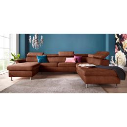Wohnlandschaft exxpo - SOFA FASHION "Maretto, bequem und komfortabel, viel Platz, Breite 330cm, U-Form", braun (cognac), B:330cm H:96cm T:230cm, Luxus-Microfaser Vintageoptik (100% Polyester);Webstoff, Sofas, Wohnlandschaft, inkl. Kopfteilverstellung f&uuml;r mehr Sitzkomfort, wahlweise Bettfunktion