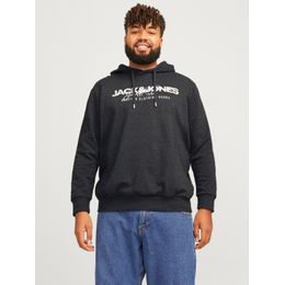 Jack & Jones PlusSize Kapuzensweatshirt "JJALVIS SWEAT HOOD PLS", Herren, Gr. 4XL, schwarz (schwarz detail:melange), angeraute Sweatware, Obermaterial: 60% Baumwolle, 40% Polyester, JACK & JONES PLUSSIZE, bedruckt, meliert, normal, Rundhals, Rippbündchen, Sweatshirts