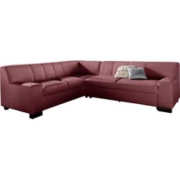 Ecksofa DOMO collection "Norma, moderne Armlehnen, zeitlos und elegant, Breite 247cm, L-Form", rot (karminrot), B:247cm H:74cm T:212cm, Microfaser PRIMABELLE (100% Polyester);Kunstleder SOFTLUX;Struktur (90% Polyester, 10% Polyacryl);NaturLEDER (echtes Rindsleder), Sofas, Ecksofa, wahlweise mit Bettfunktion