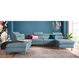 Wohnlandschaft exxpo - SOFA FASHION "Maretto, bequem und komfortabel, viel Platz, Breite 330cm, U-Form", blau, B:330cm H:96cm T:230cm, Luxus-Microfaser Vintageoptik (100% Polyester);Webstoff, Sofas, Wohnlandschaft, inkl. Kopfteilverstellung f&uuml;r mehr Sitzkomfort, wahlweise Bettfunktion