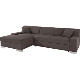 Ecksofa DOMO collection "Bero, elegant und zeitlos, flache Armlehnen, Breite 268cm L-Form", grau (stone), B:268cm H:74cm T:153cm, Feinstruktur (100% Polyester);Luxus-Microfaser (100% Polyester);Zierkissen: Im jeweiligen Bezugsstoff;Struktur fein (100% Polyester), Sofas, Ecksofa, fester Sitzkomfort, wahlweise mit Bettfunktion