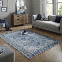 Teppich FLAIR RUGS "Antique Vintage-Muster", blau, B:200cm H:4mm L:290cm, Baumwolle, Kunstfaser, Teppiche, Chenille Stil Teppich, Wohnzimmer, Schlafzimmer, Esszimmer