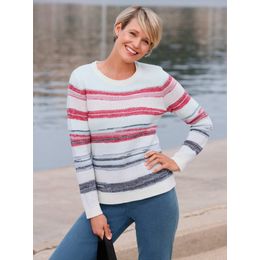 Jacquardpullover Classic Basics "Jacquard-Pullover", Damen, Gr. 38, rot (ecru, rot, geringelt), 100% Polyacryl, bedruckt, gemustert, gestreift, mehrfarbig, Pullover