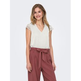 Kurzarmshirt Only "ONLELVA FR S/S LACE V-NECK TOP CS PTM", Damen, Gr. M (38), wei&szlig; (cloud dancer), Jersey, Obermaterial: 100% Polyester, unifarben, regular fit, V-Ausschnitt, Shirts