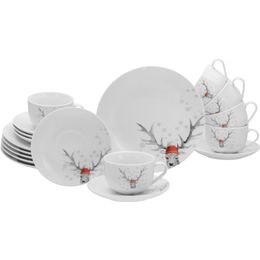 Kaffeeservice Creatable "Luna Hirsch", weiß, 18 Stk., Porzellan, Geschirr-Sets, winterliches Hirsch-Motiv