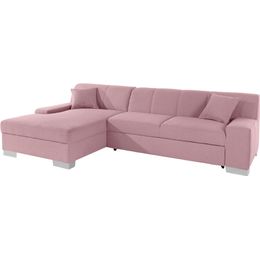 Ecksofa DOMO collection "Bero, elegant und zeitlos, flache Armlehnen, Breite 268cm L-Form", rosa (flamingo), B:268cm H:74cm T:153cm, Feinstruktur (100% Polyester);Luxus-Microfaser (100% Polyester);Zierkissen: Im jeweiligen Bezugsstoff;Struktur fein (100% Polyester), Sofas, Ecksofa, fester Sitzkomfort, wahlweise mit Bettfunktion
