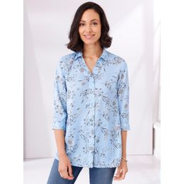Longbluse Classic Basics, Damen, Gr. 46, blau (hellblau, bedruckt), 100% Polyester, bedruckt, geblümt, gemustert, V-Ausschnitt, Blusen