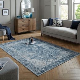 Teppich FLAIR RUGS "Antique Vintage-Muster", blau, B:155cm H:4mm L:230cm, Baumwolle, Kunstfaser, Teppiche, Teppich, Chenille Stil Teppich, Wohnzimmer, Schlafzimmer, Esszimmer
