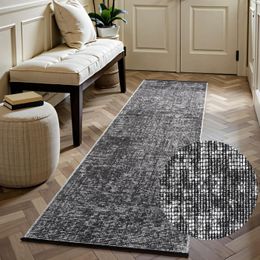Teppich ELLE DECORATION "Prisma", silber grau, B:80cm H:5mm L:250cm, Baumwolle, Polyester, Teppiche, Teppich, Glanz-Effekt, Karo Design, Kachel-Optik, Wohnzimmer, Schlafzimmer,Flur