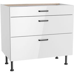 Unterschrank KOCHSTATION "KS-Paula", weiß glanz, weiß, B:90cm H:87cm T:58,4cm, Schränke, Unterschrank, 90 cm breit, 87 cm hoch, mit 1 Schubkasten, 2 Auszüge
