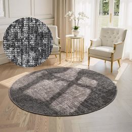 Teppich ELLE DECORATION "Prisma", silber grau, H:5mm Ø:200cm, Baumwolle, Polyester, Teppiche, Teppich, Glanz-Effekt, Karo Design, Kachel-Optik, Wohnzimmer, Schlafzimmer,Flur