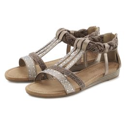 Sandale Lascana "Sommerschuh, Sandalette", Damen, Gr. 43, grau (taupe), Obermaterial: 100% Lederimitat. Decksohle: 100% Lederimitat. Futter: 100% Lederimitat. Laufsohle: 100% Lederimitat, Glitzer, unifarben, Schuhe, mit Glitzersteinen und kleinem Keilabsatz im Festival-Look VEGAN