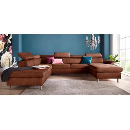 Wohnlandschaft exxpo - SOFA FASHION "Maretto, bequem und komfortabel, viel Platz, Breite 330cm, U-Form", braun (cognac), B:330cm H:96cm T:230cm, Luxus-Microfaser Vintageoptik (100% Polyester);Webstoff, Sofas, Wohnlandschaft, inkl. Kopfteilverstellung f&uuml;r mehr Sitzkomfort, wahlweise Bettfunktion