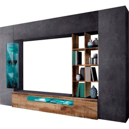 Wohnwand Inosign "New Egypt, Anbauwand, Medienwand, Wohnzimmerwand", braun (zement, peireira), B:290cm H:190cm T:40cm, Glas, Holzwerkstoff, Kastenm&ouml;bel-Sets, Wohnwand, Regalaufsatz Breite 290 H&ouml;he 191