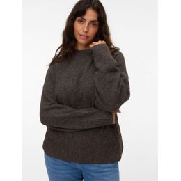 Strickpullover Vero Moda CURVE "VMCBOOM LS O-NECK PULLOVER GA NOOS CUR", Damen, Gr. S, braun (chocolate torte detail:melange), Strick, Obermaterial: 85% Polyester, 7% Polyacryl, 5% Wolle, 3% Elasthan, meliert, loose fit normal, Rundhals, Rippstrickbündchen, Pullover Strickpullover