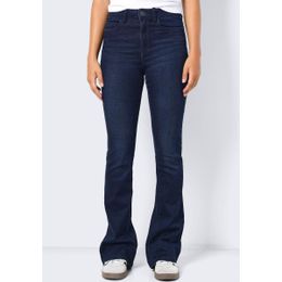 Bootcut-Jeans Noisy may "NMSALLIE HW FLARE JEANS VI241DB NOOS", Damen, Gr. 25, Länge 32, blau (dunkelblau denim), Denim/Jeans, Obermaterial: 75% Baumwolle, 18% Polyester, 5% Viskose, 2% Elasthan, unifarben, skinny fit, Jeans