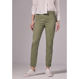 Cargohose STREET ONE STUDIO, Damen, Gr. 42, Länge 28, grün (trekking grün), Stoff, 60% Lyocell, 37% Baumwolle, 3% Elasthan, unifarben, slim fit normal, Hosen Cargohose, aus Lyocell